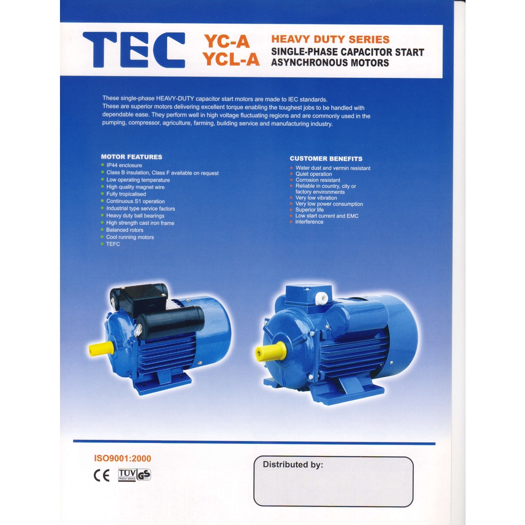 TEC YC-A 1.0 HP 2.0 HP 1.5KW Electric Motor(Single Phase) Frame YC90L-2Foot Mounted Two ...