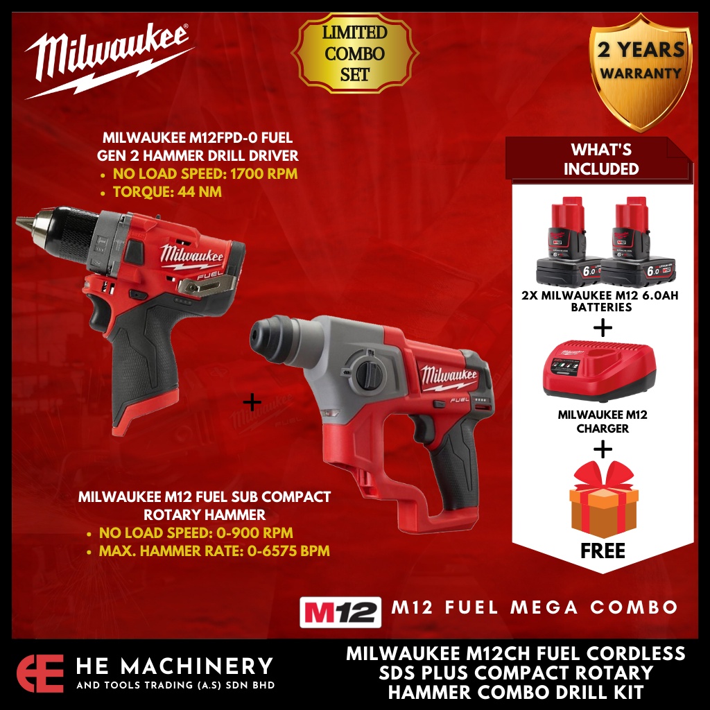 Milwaukee M12CH FUEL Cordless SDS Plus Compact Rotary Hammer Combo Drill Kit | Shopee Malaysia