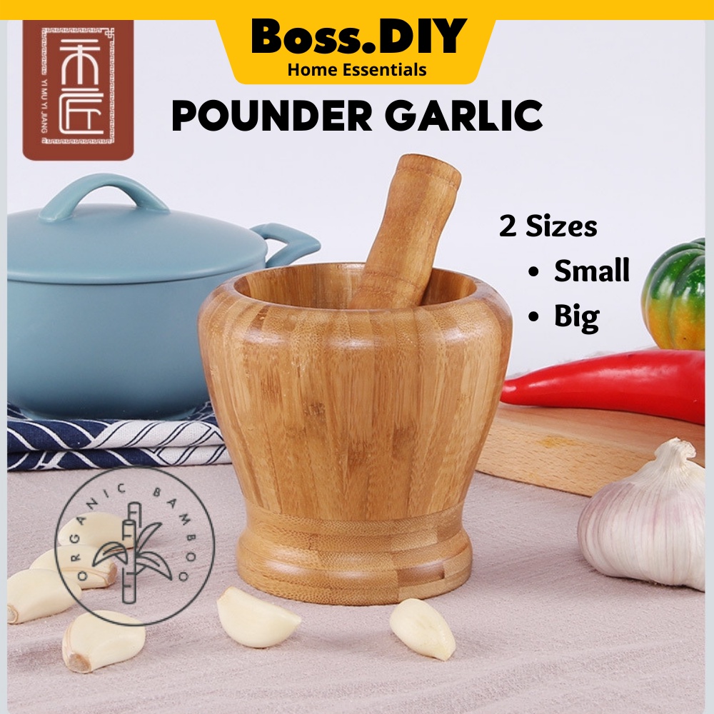 Bamboo Pounder Garlic Pestle Mortar (2 Sizes) Handmade Pot Bowl Masher ...