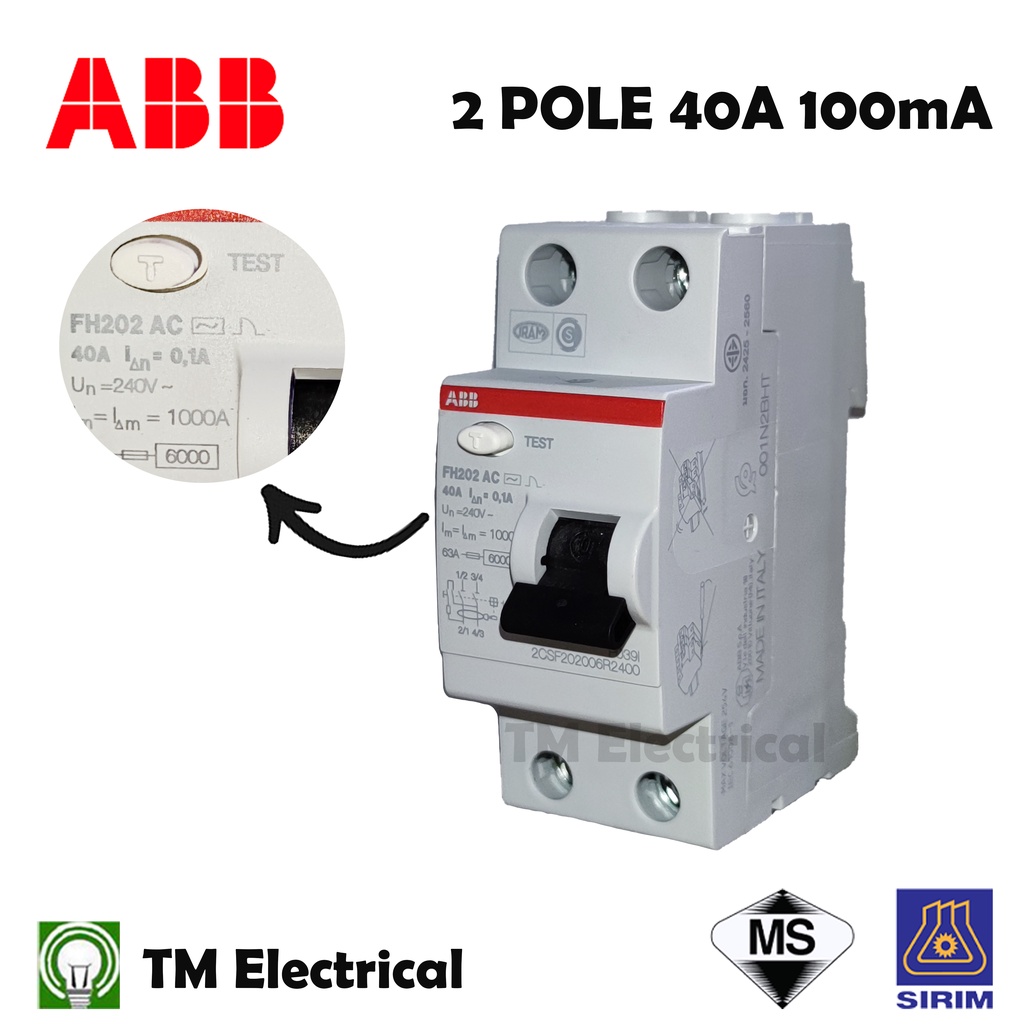 ABB ( ELCB / RCCB ) FH202 2 POLE { AC-40A/0.1 } / { AC-63A/0.1 } [ 100mA ] [ READY STOCK ...