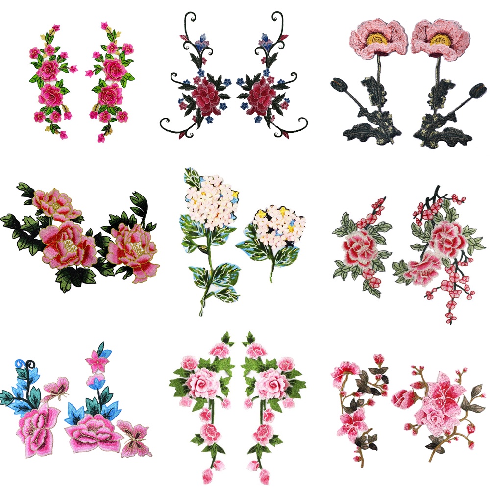 1 Pair Pink Embroidery Flower Patch Sew On Applique For Clothes Coat ...