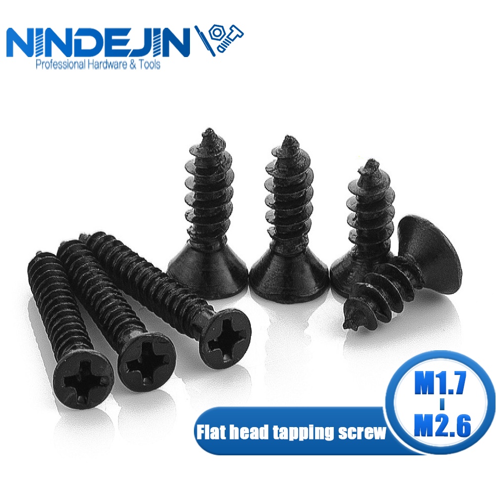 NINDEJIN Flat Head Tapping Screw Cross Head Black Carbon Steel Bolt - M1.7/M2/M2.3/M2.6 (100 Pcs ...