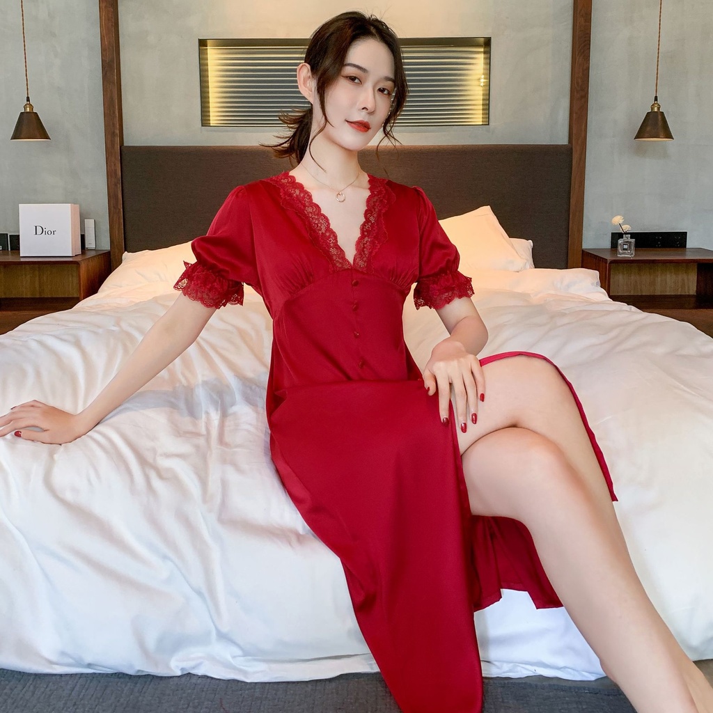 Female Ice Silk Nightdress Spring Summer Satin Lace Sexy Sweet Long