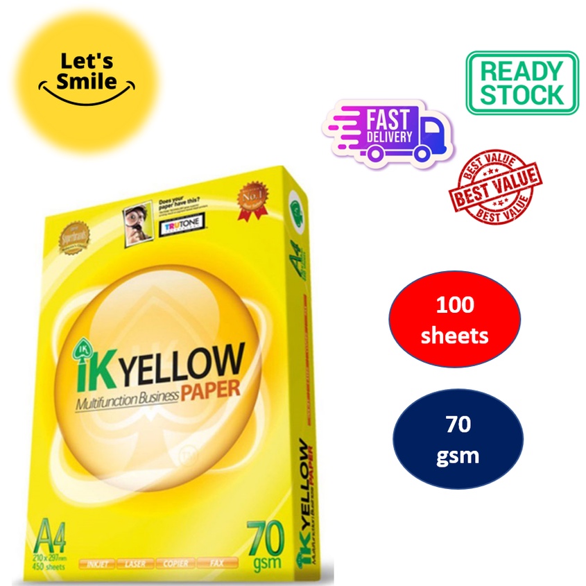 A4 70/80GMS IK YELLOW PAPER- 100 Sheets / INDAH KIAT / Kertas Putih A4 ...