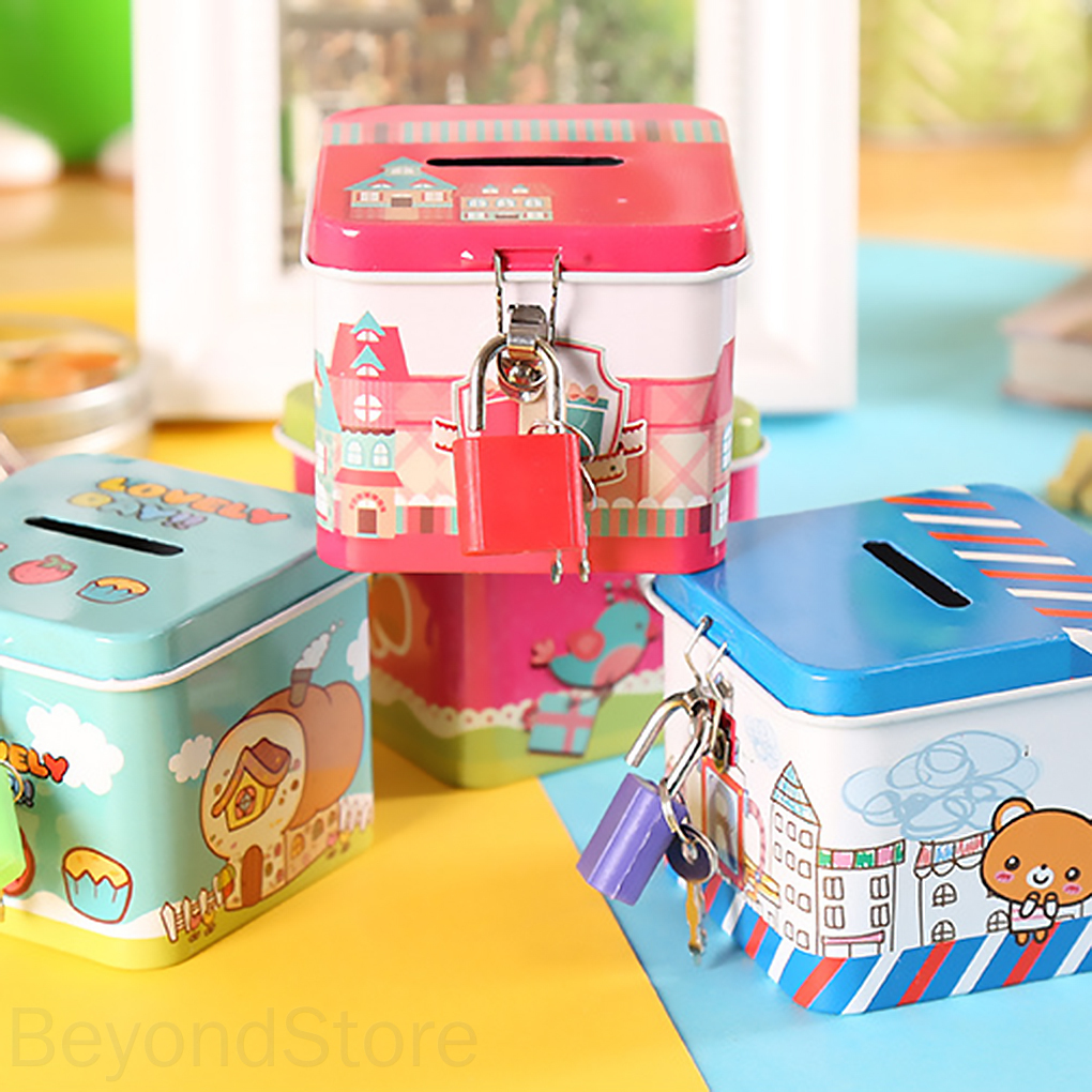 Cartoon Cute Square Metal Piggy Bank Saving Cash Kids Money Box Kids ...