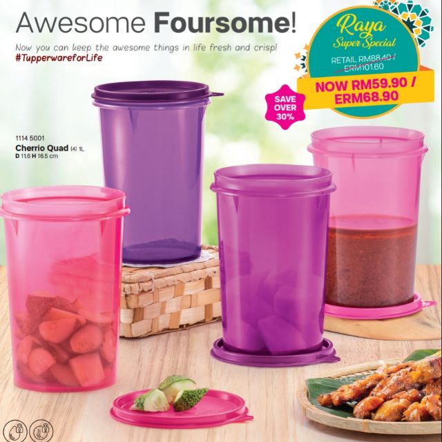 Tupperware Cheerio Quad 1L Food container Bekas tupperware bekal tupperware biru ungu merah Tong ...