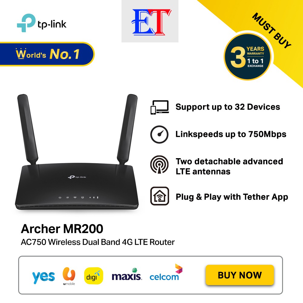 TP-LINK MR200 AC750 Dual Band 2.4gHZ / 5Ghz 4G LTE WiFi SIM Router ...