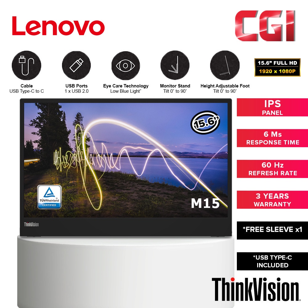 Lenovo ThinkVision 15.6" M15 USB-C FHD WLED IPS 60Hz 4ms Eyecare Mobile ...