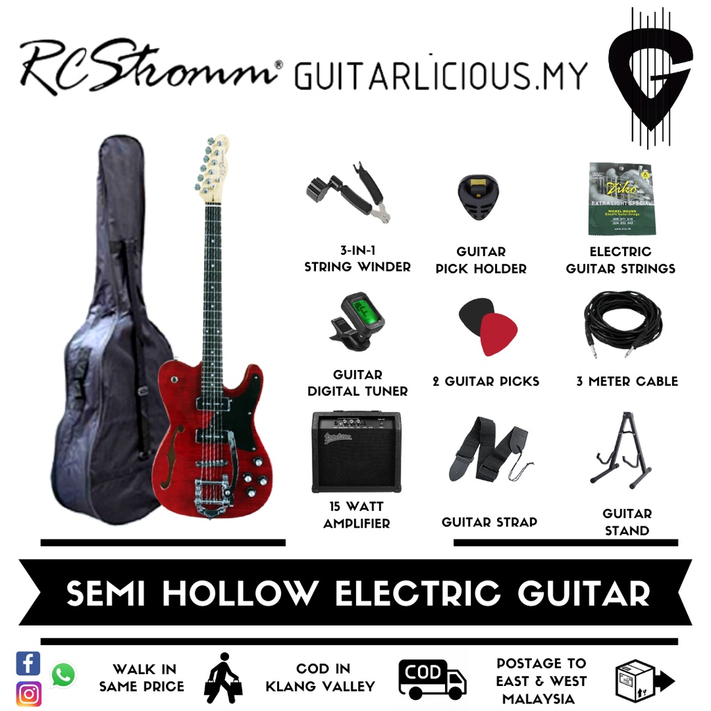 RCStromm Classic Semi Hollow Body Electric Guitar with Bigsby Tremolo ...