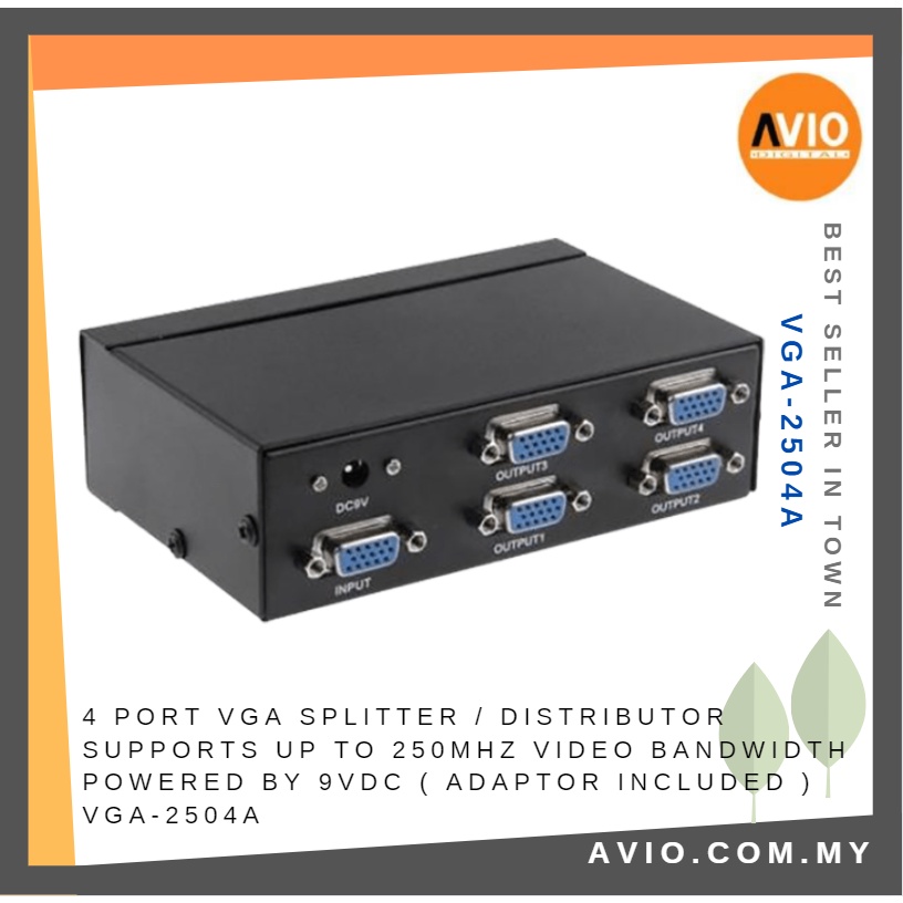 4 Port VGA Splitter Distributor Support up to 250MHz Video Bandwidth Powered by 9V DC VGA-2504A ...
