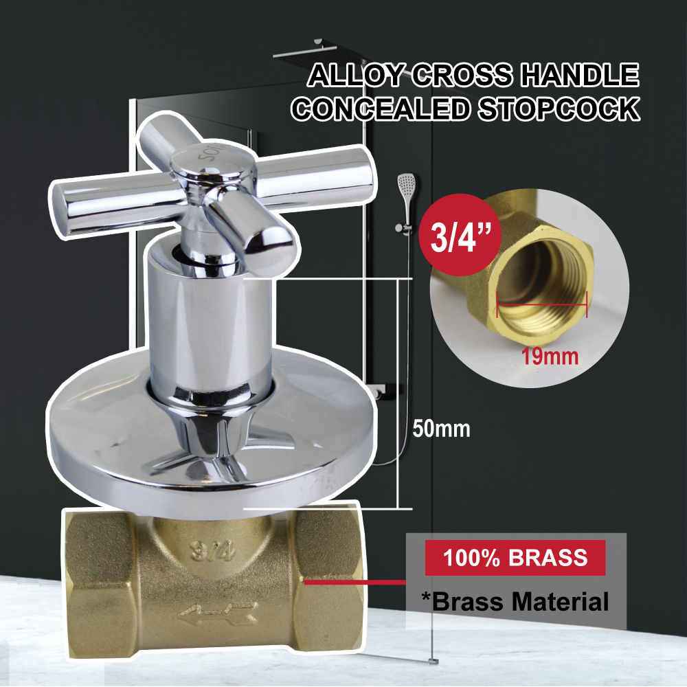 Alloy Cross Handle & Brass Body Concealed Stopcock 1/2 Inch / 3/4 Inch ...