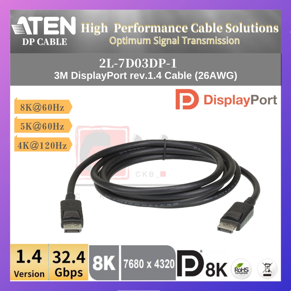 🔥8K🔥ATEN 2L-7D03DP-1 3M DisplayPort rev.1.4 Cable - Supported 8K/5K/4K ...