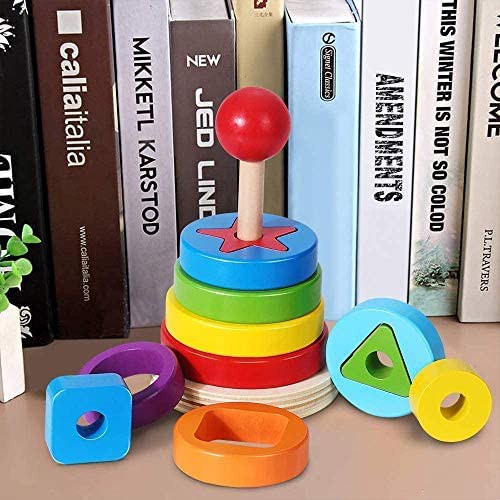 Wooden Rainbow Tower Sorting Stacking Rings Building Puzzles Toys ...