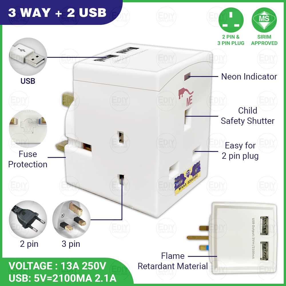 3 WAY ADAPTOR ADAPTER SWITCH USB SOCKET OUTLET PLUG EXTENSION WALL ...
