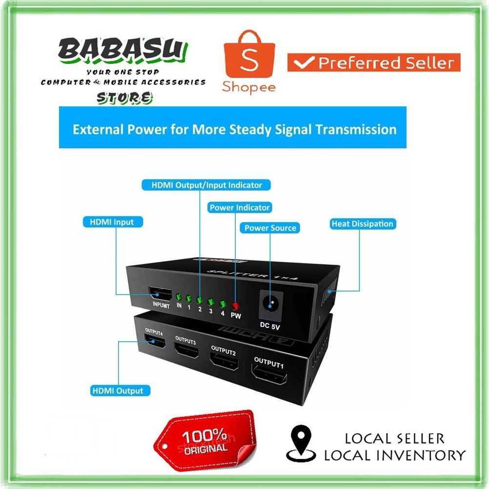 Full HD HDMI Splitter 1X4 4 Port Hub Repeater Amplifier v1.4 1 IN 4 OUT ...