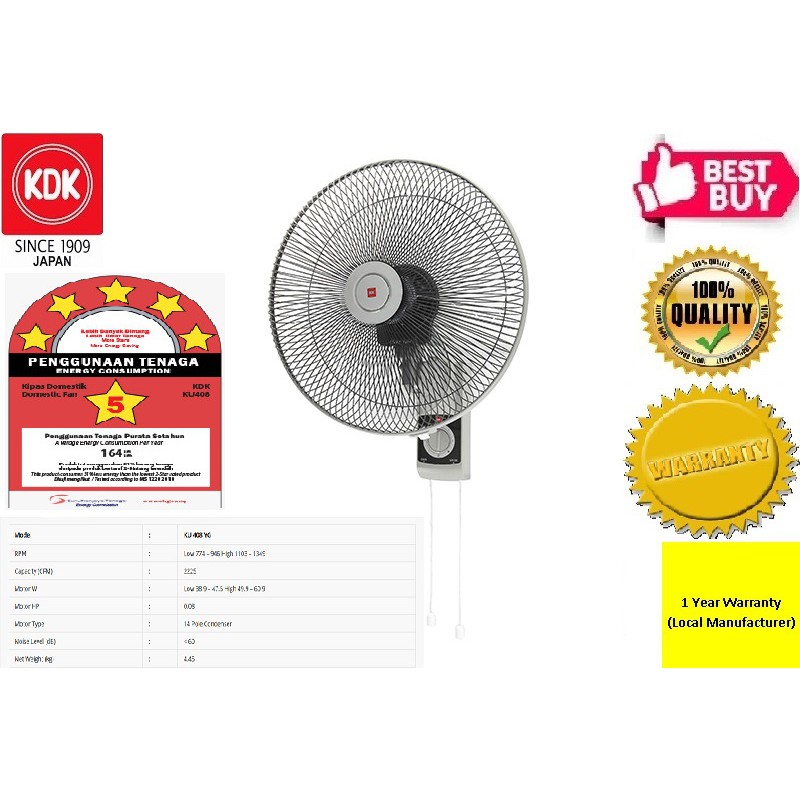 KDK 16'' WALL FAN - WHITE(KU408) AND GREY(KU408-YG) | Shopee Malaysia