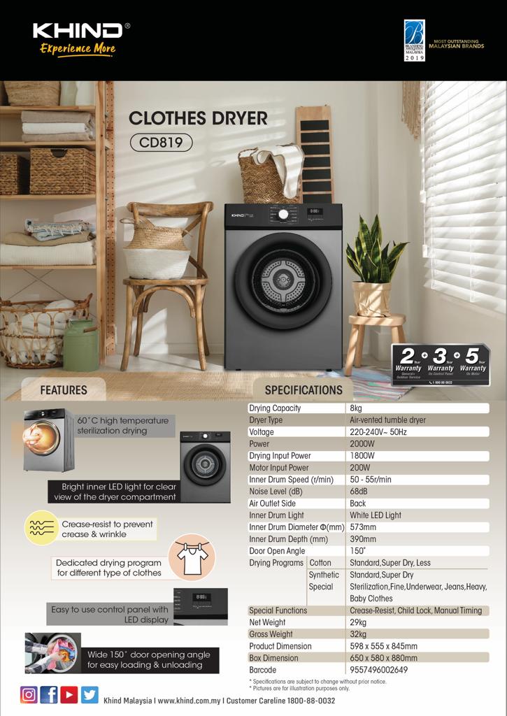 Haier Dryer Series Vented Dryer HDV70A1 (7kg)/ HDV70E1 (7kg) / CD819 ...