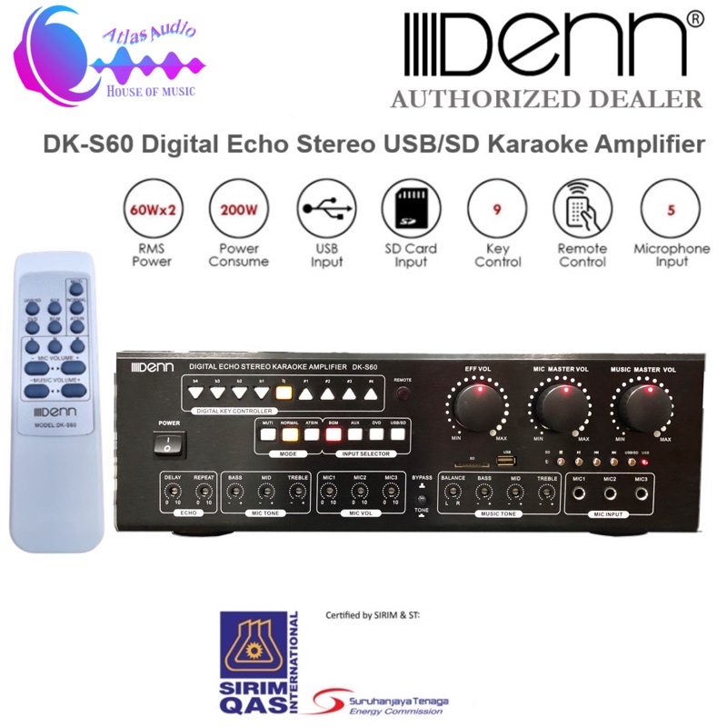DENN DK-S60 60W x2 Digital Echo Stereo Karaoke Amplifier With Key ...