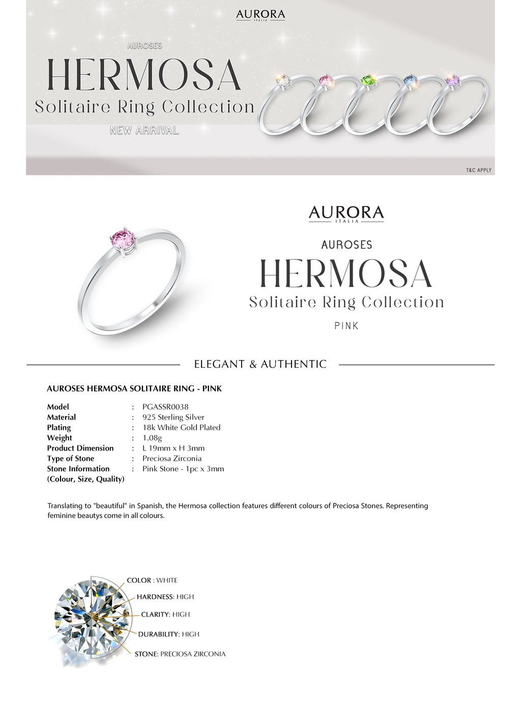 AURORA ITALIA Auroses Hermosa Solitaire Ring - Pink (Blush of Love ...
