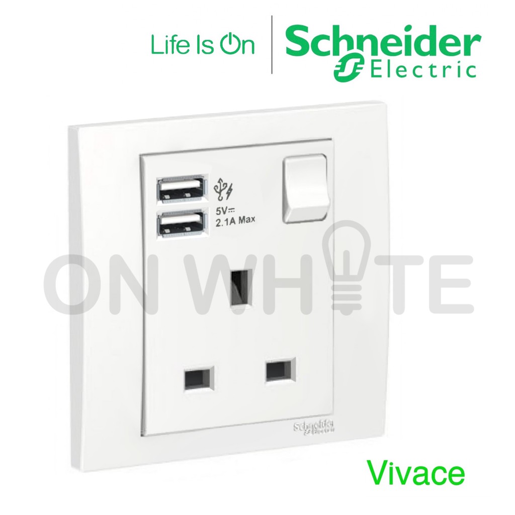 SCHNEIDER VIVACE KB15USB 13A 1 Gang Switched Socket with 2.1A USB(2xUSB ...
