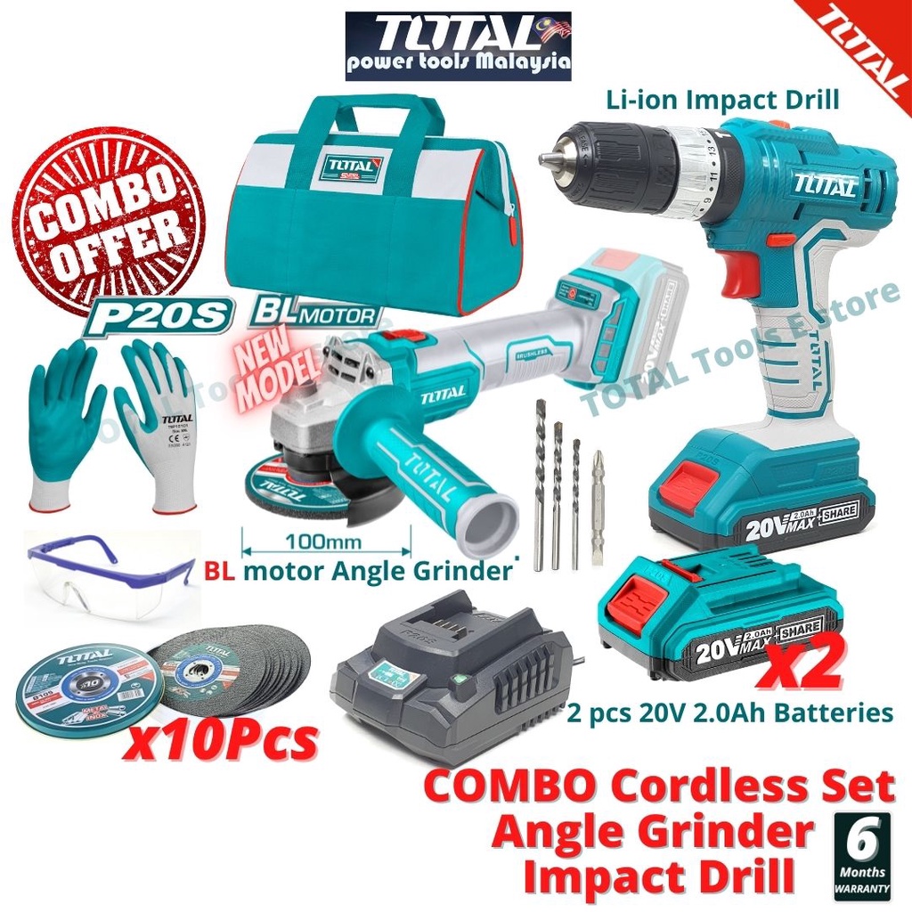 TOTAL COMBO set P20s 20v Series Li-ion Impact Drill TIDLI20145 + Li-ion ...
