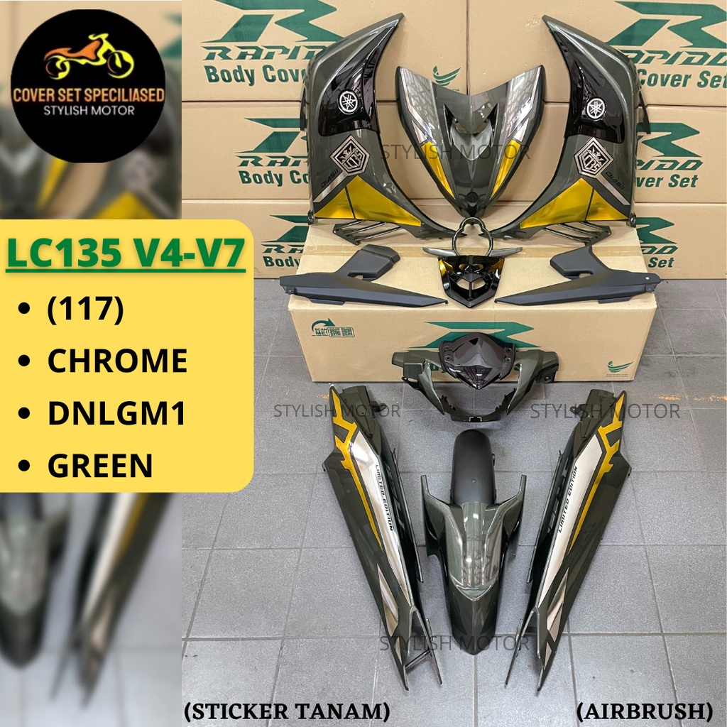 (STICKER TANAM/AIRBRUSH) RAPIDO COVER SET LC135 V4 V5 V6 V7 (117) CHROME DNLGM1 GREEN HIJAU ...