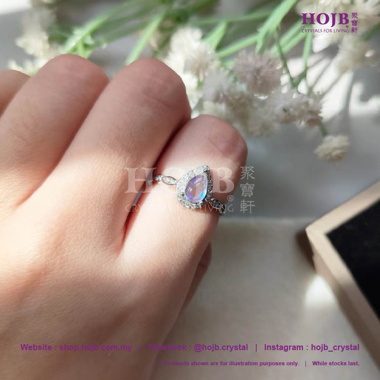 HOJB High Grade Rainbow Moonstone 6A Pear S925 Ring 5x7mm(Adjustable Size) 聚寶軒优质彩虹月光石6A梨形S925银戒指 ...