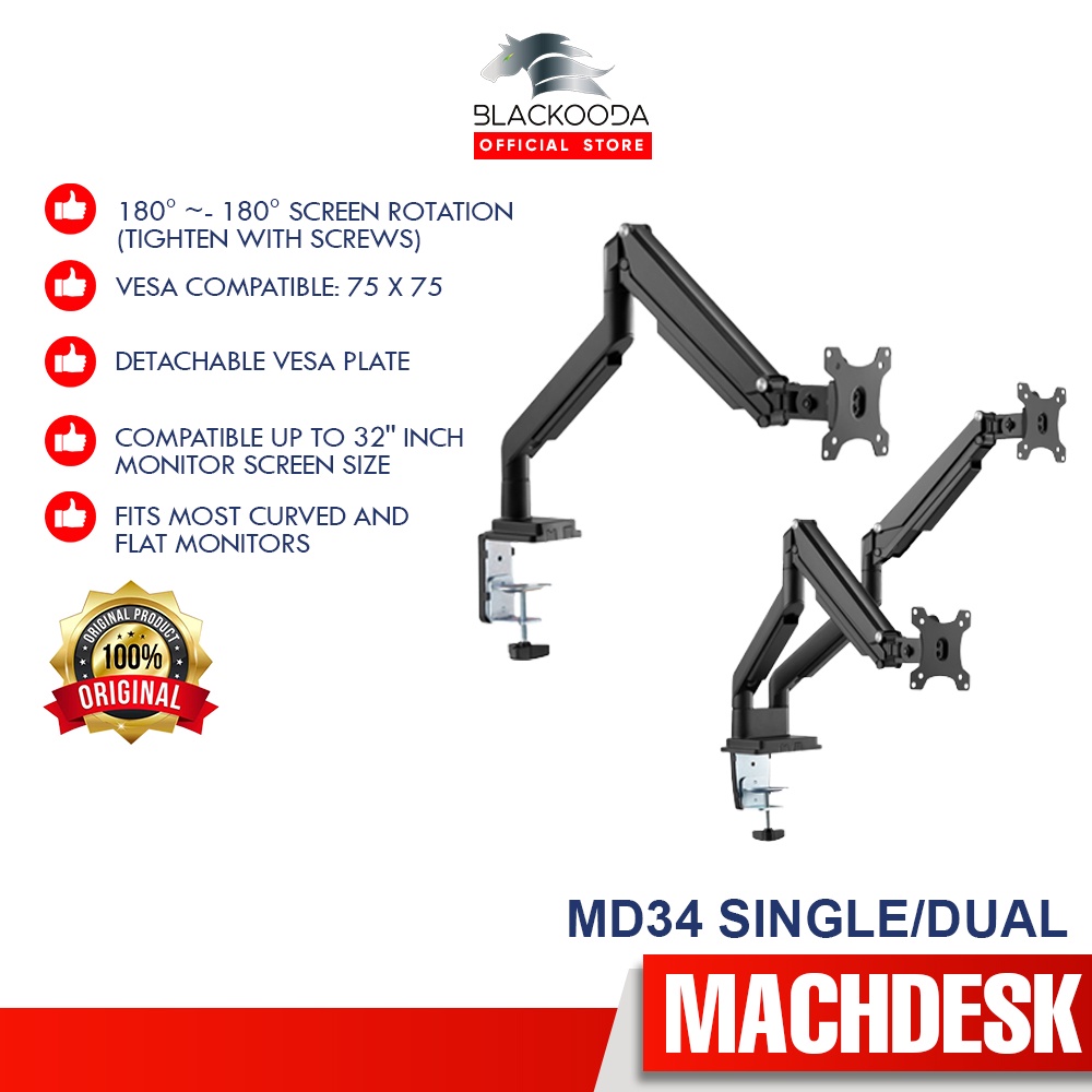 MACHDESK MD34SINGLE/ DUAL PERFORMANCE GAS SPRING MONITOR ARM BLACK ...