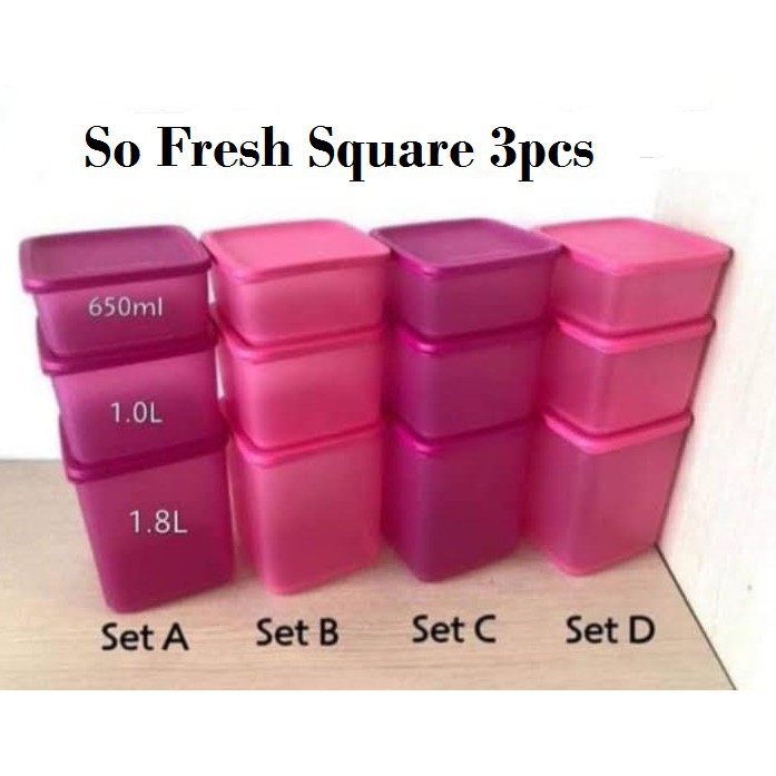 Tupperware So Fresh Square Set (650ml ,1.0L and 1.8L) Pink Passion or ...