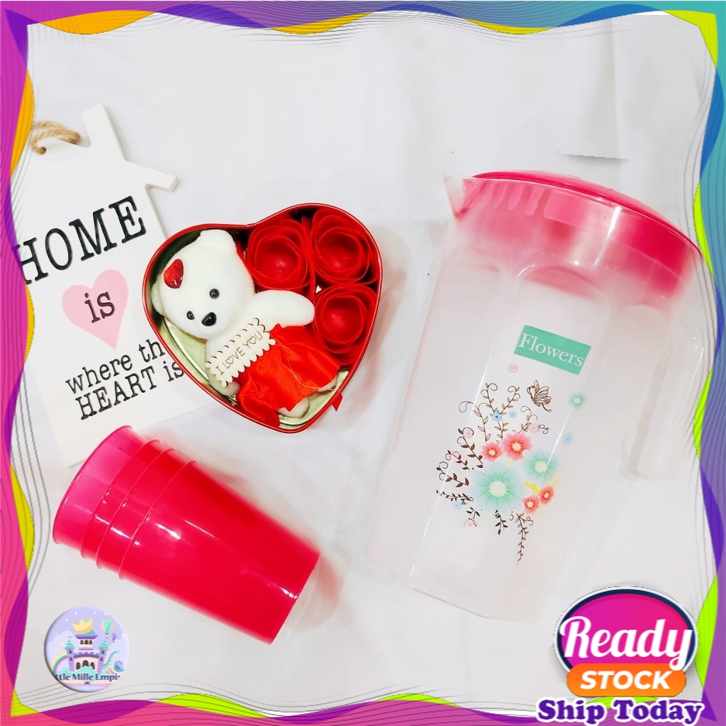Plastic Jug and 4x cup Water Jug with lid /1 Jug Air dengan 4x cawan 1 ...