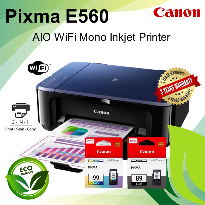 Canon Pixma E560 3-in-1 (Print, Scan, Copy) Wireless Inkjet Printer with Duplex Printing ...