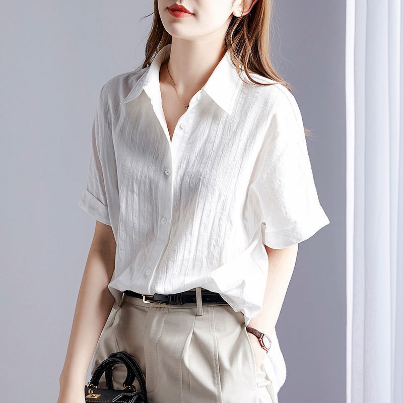 100% cotton white shirt women's short-sleeved 2021 day thin loose and ...