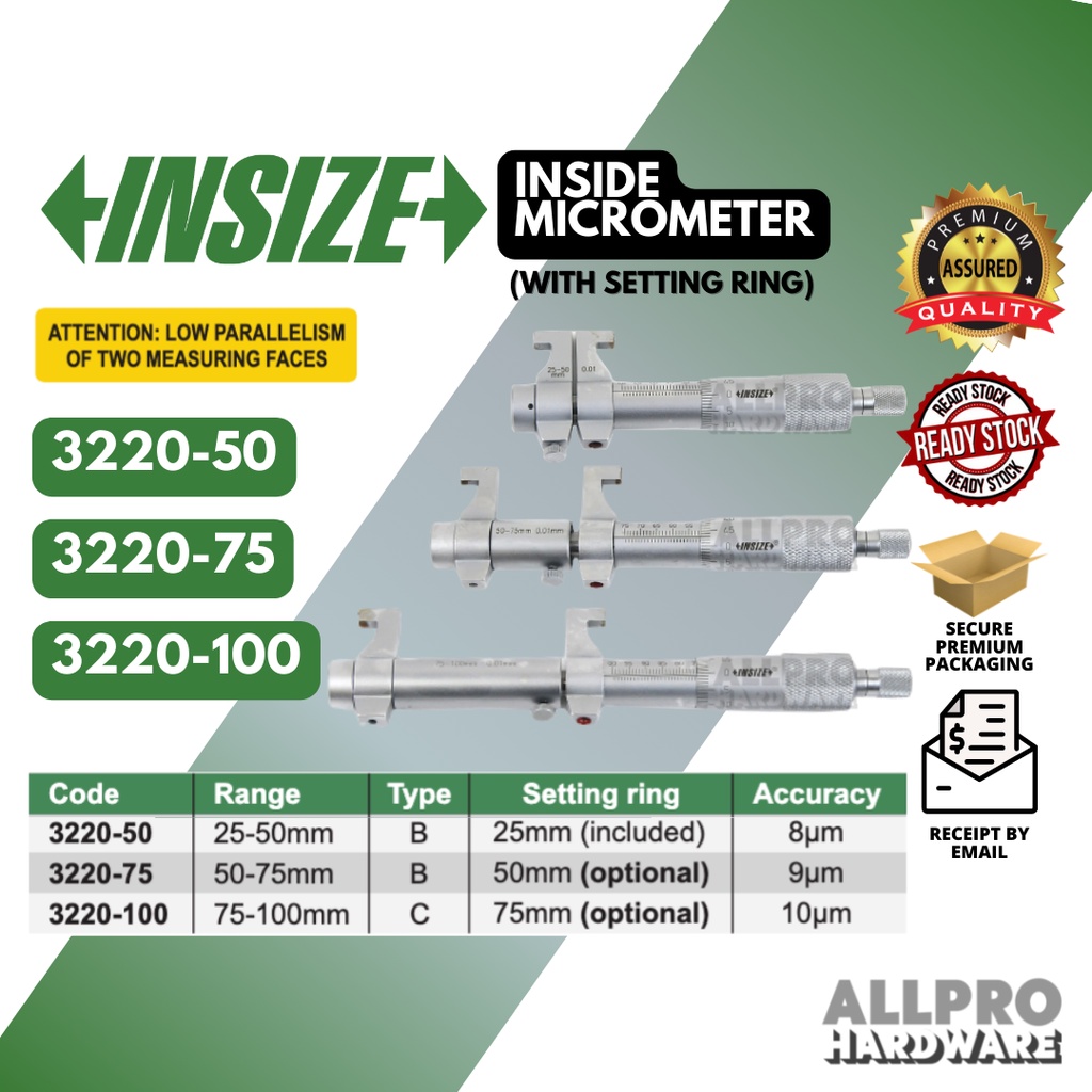 INSIZE Inside Micrometer with Setting Ring 25-50mm (3220-50) / 50-75mm ...