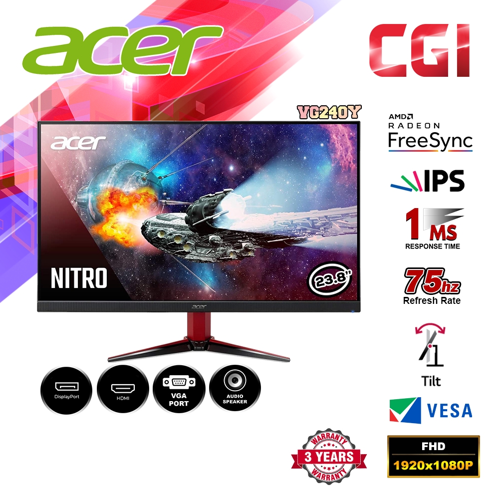 Acer Nitro 24" VG240Y FHD IPS 75Hz 1ms VRB FreeSync Gaming Monitor ...