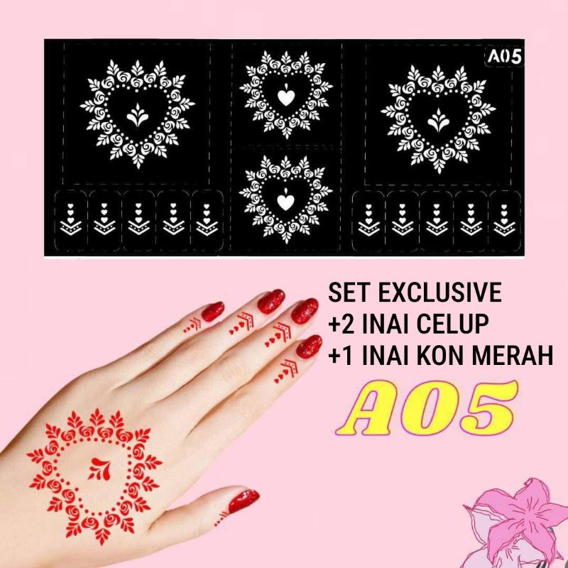 Stiker Inai Set Combo 4 In 1(set lengkap 1 set stiker 2inai celup 1inai ...