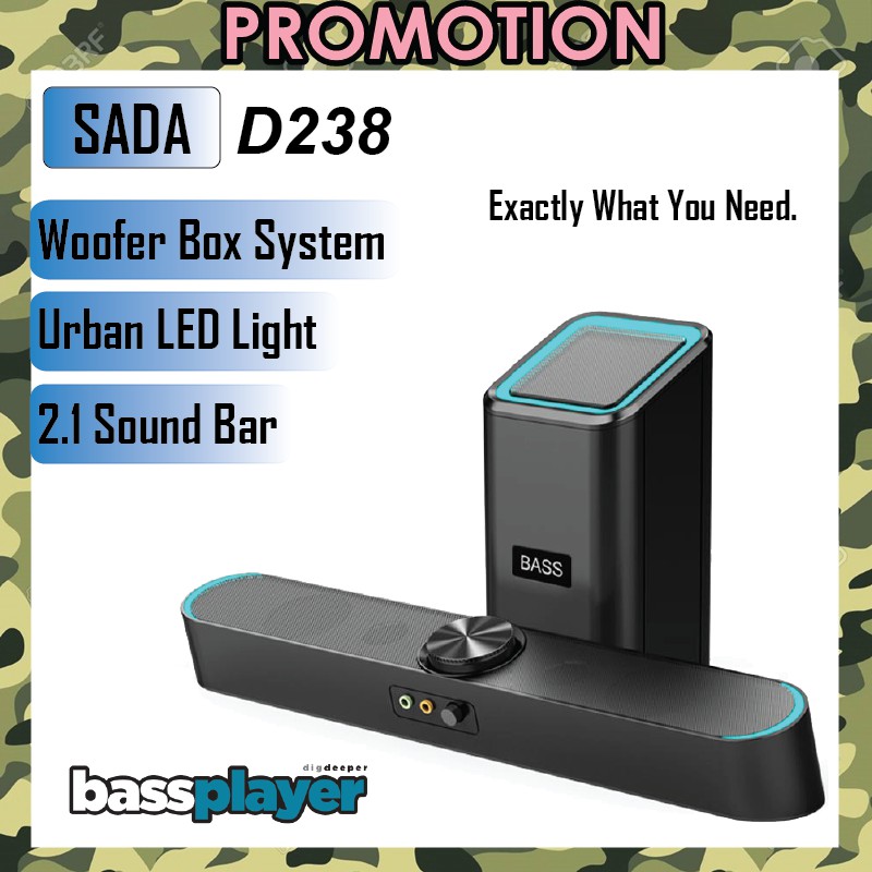 SADA D-238 Aux SoundBar Speaker Bass Subwoofer 4D Stereo Knob Dual ...