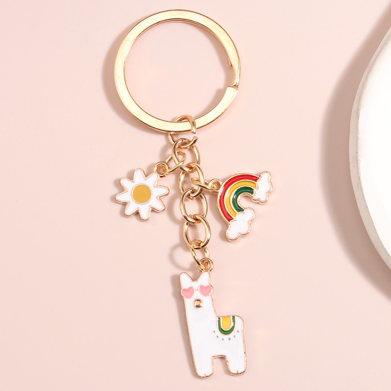 Lovely Enamel Keychain Flower Rainbow Heart Alpaca Key Ring Animal Key ...