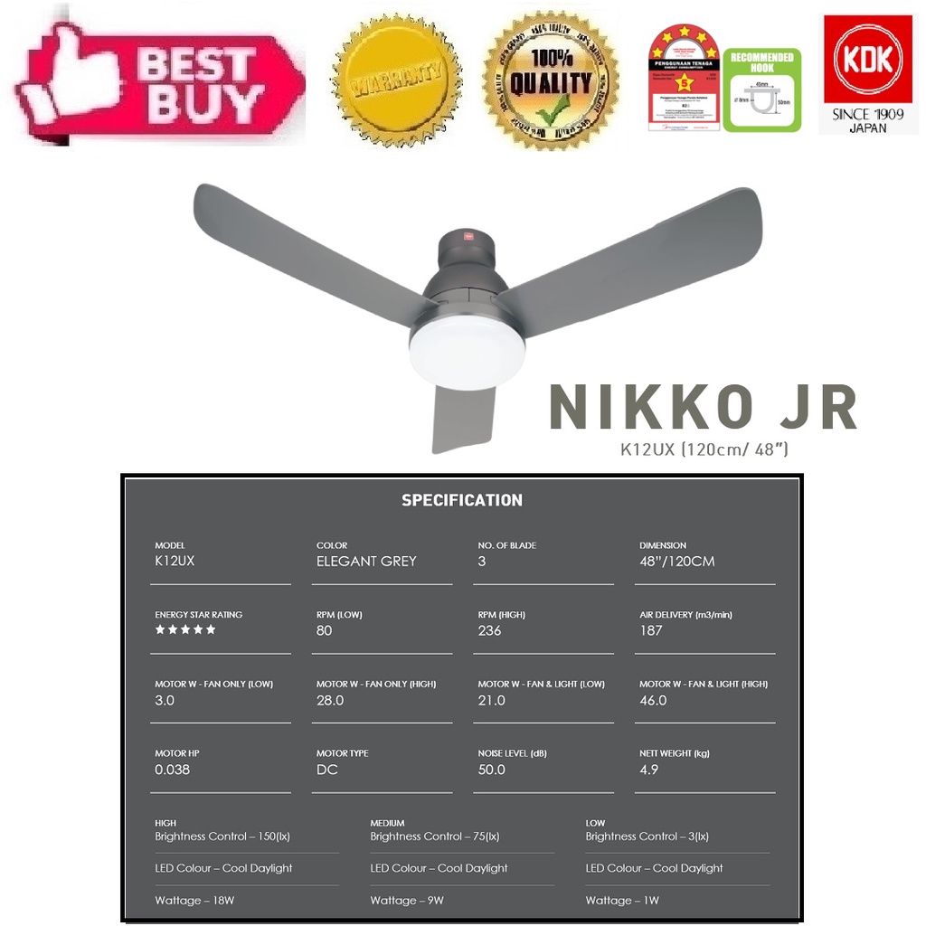 [KDK] Remote Control Ceiling Fan with LED_Cool Daylight - K12UX (48 ...