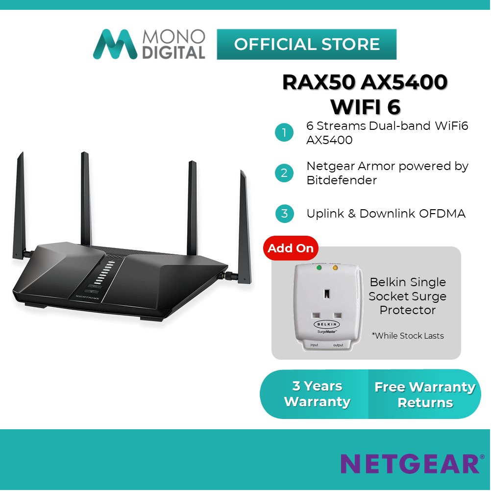 Netgear Nighthawk RAX50 6 Stream Dual Band WiFi 6 Router AX5400 with ...