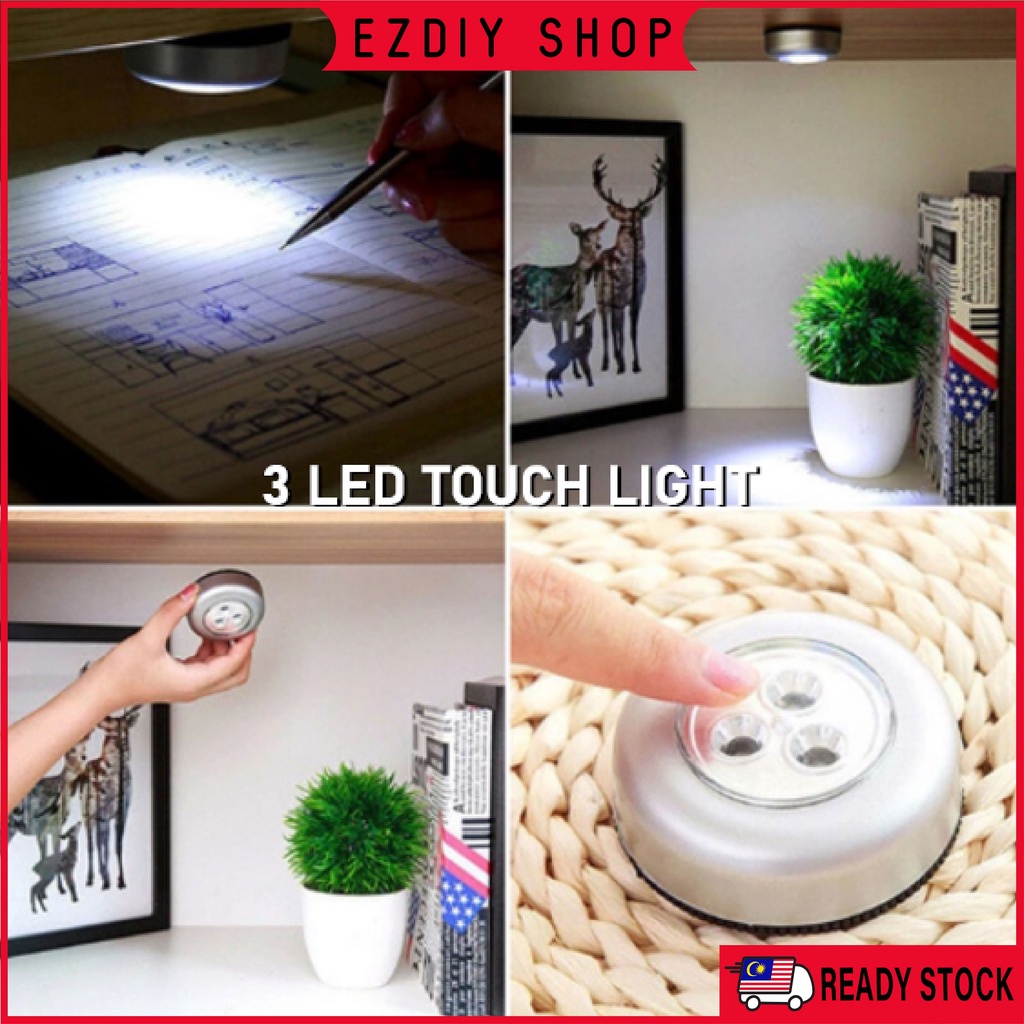 Mini Battery Wireless 3 LED light Push Touch Lamp Kitchen Cabinet ...