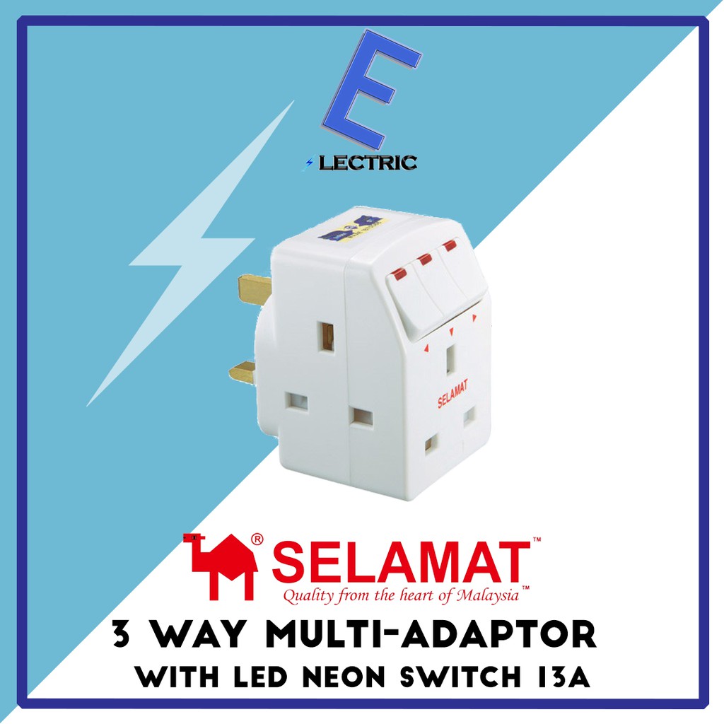 Selamat SA-32 13A 3 Way Multi Adaptor Extension Socket with LED Neon ...