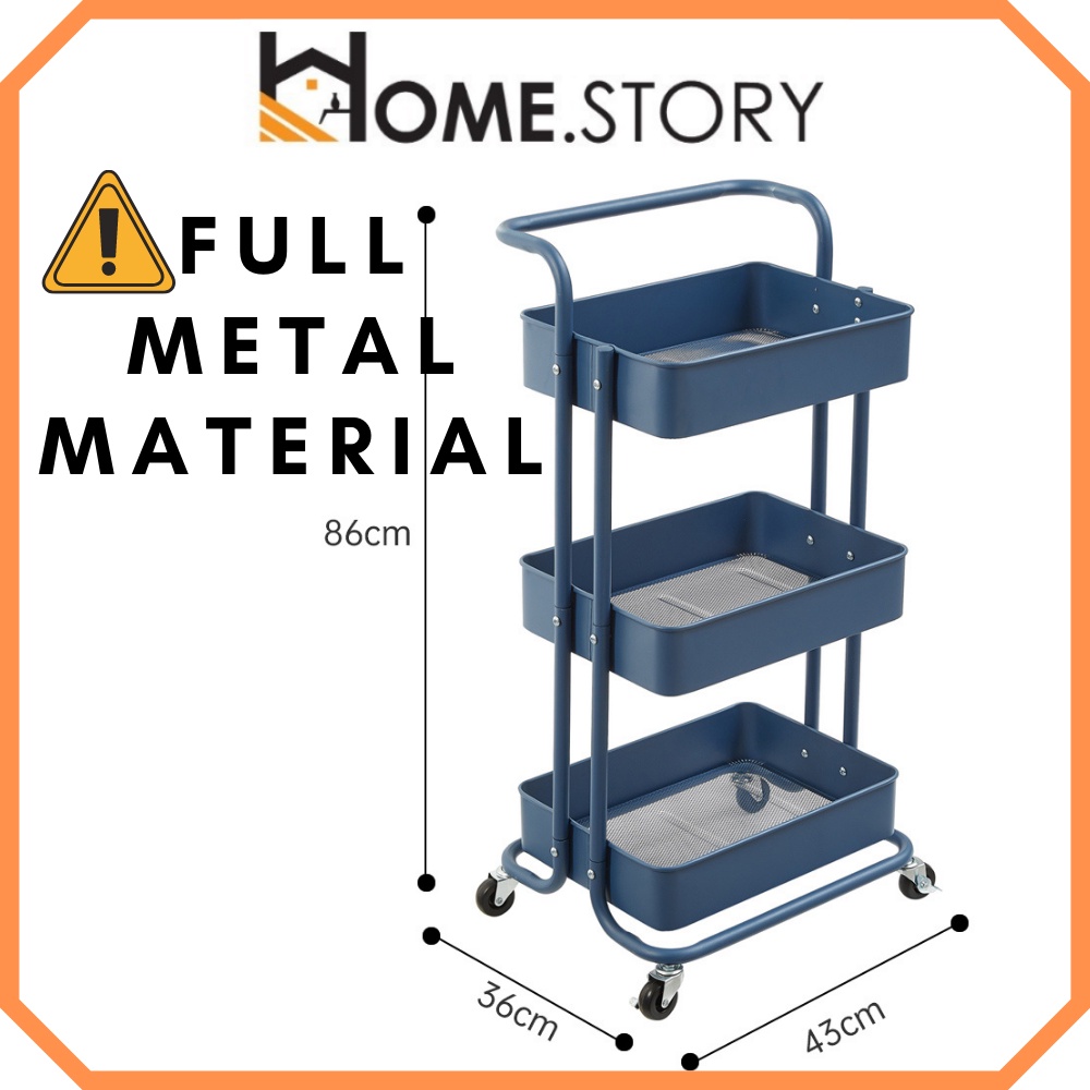 [100% Steel] 3 Tier Multi-functional Metal Trolley Storage Rack with ...