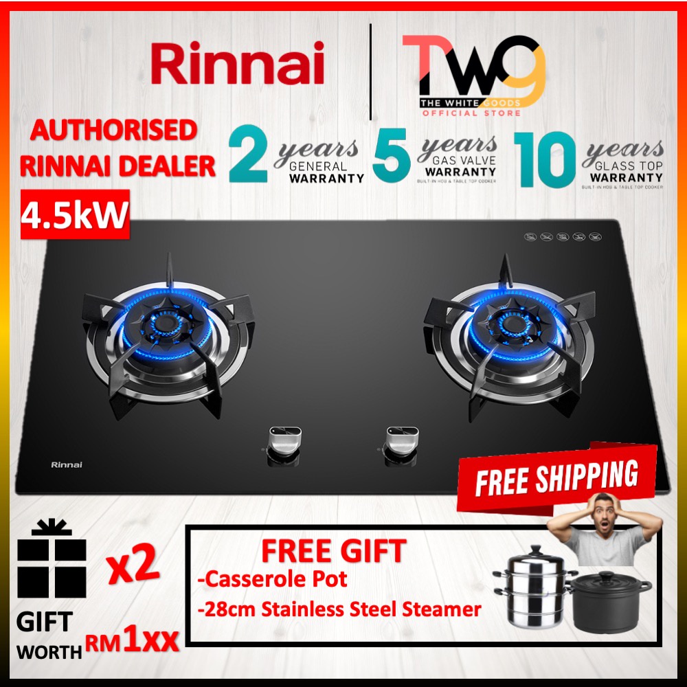 [Stock Ready, With 2 GIFT] RINNAI 4.5kW 2 Burner Built-in Gas Tempered ...