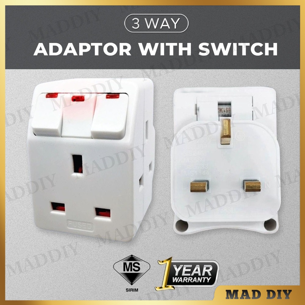 13A 3 WAY ADAPTOR WITH SWITCH UK 3 PIN PLUG EXTENSION SOCKET WITH ...