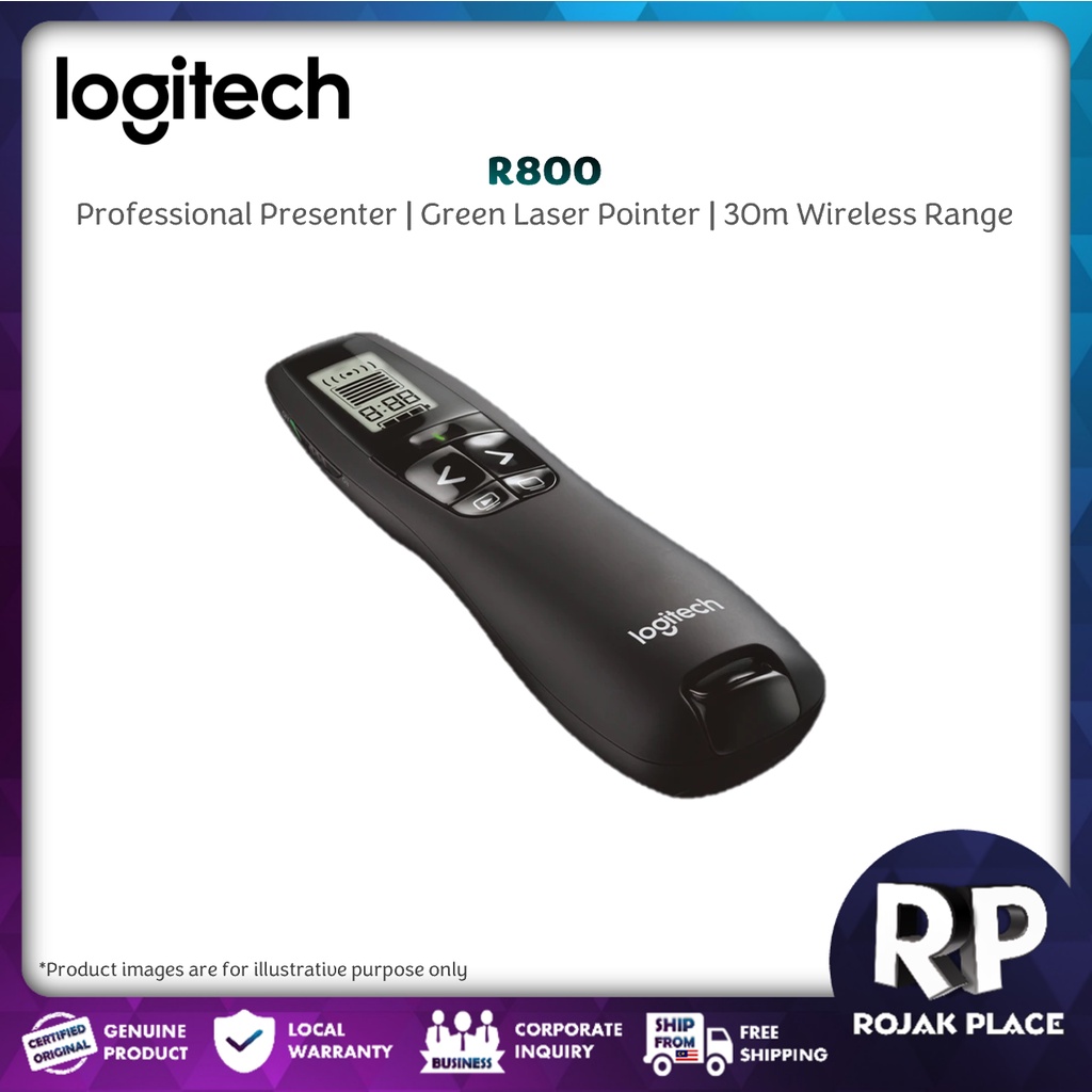 Logitech R800 Laser Presentation Remote Pointer with Green Laser, LCD ...