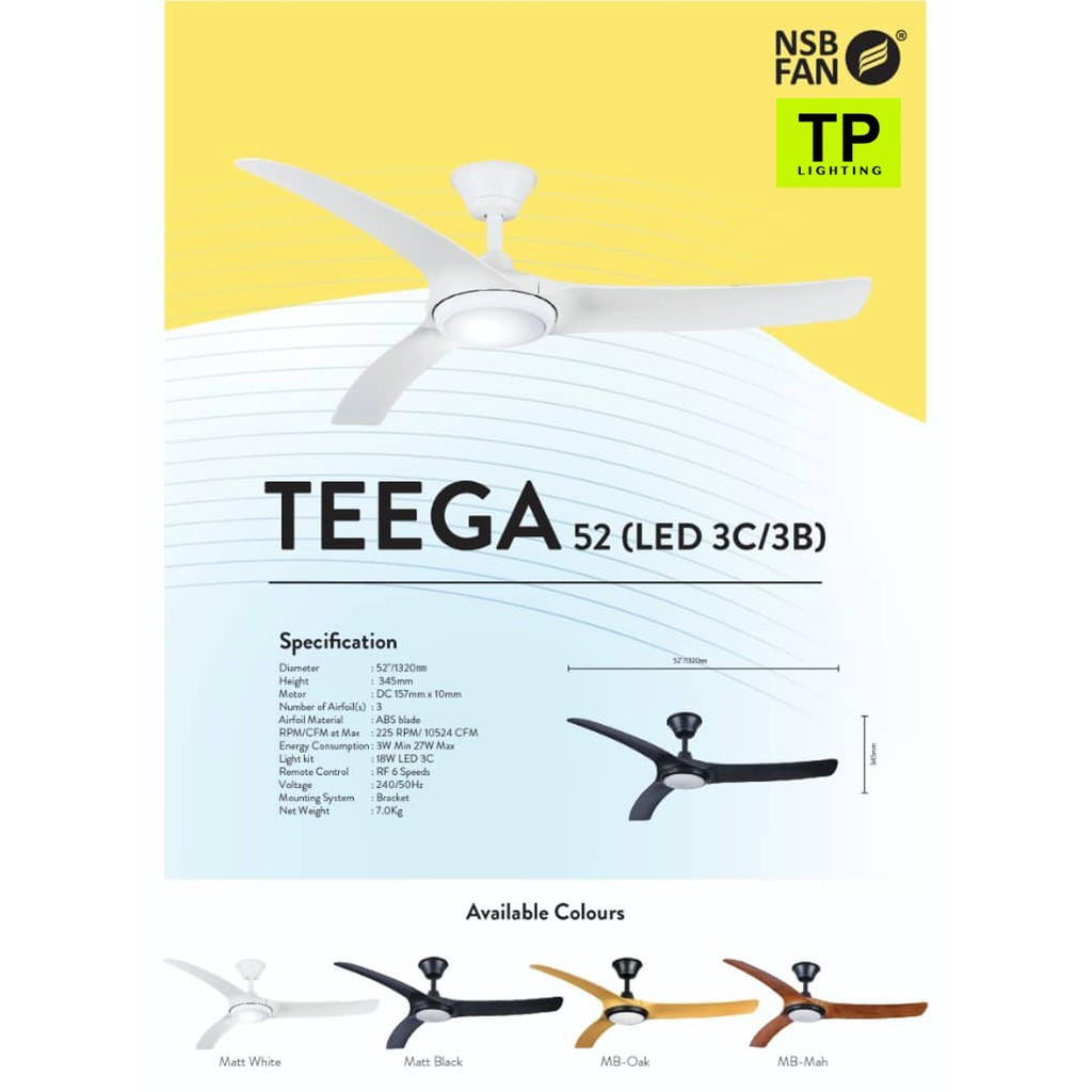NSB TEEGA 52 INCH 3-BLADE DC CEILING FAN 3 COLOUR LED LIGHT 52 ...