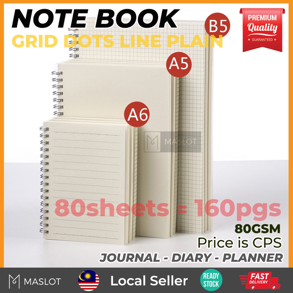 Notebook Spiral 160pgs 80gsm B5 A5 A6 Grid Dots Line Plain Notebook ...
