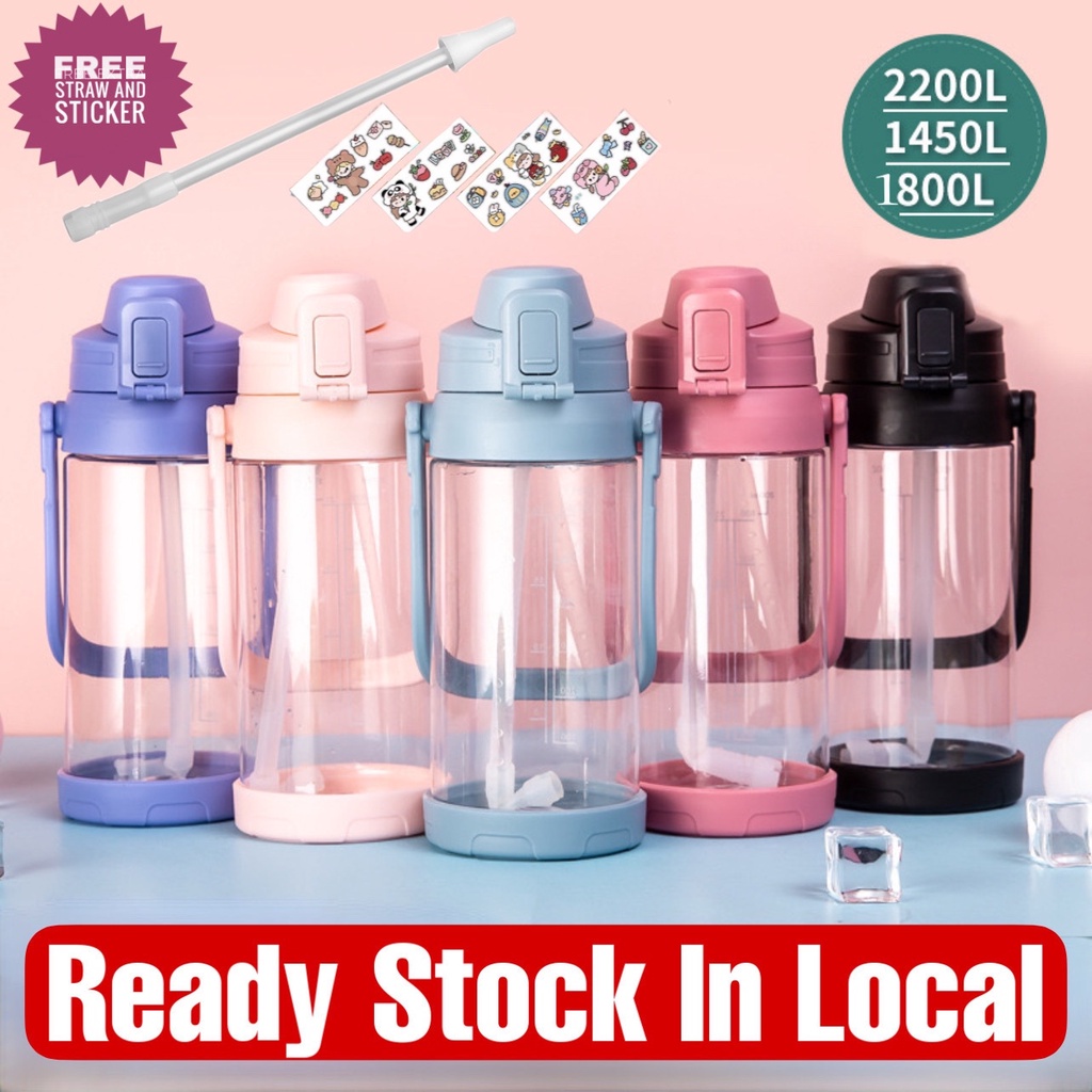 Stock Large Size Big Water Bottle With Straw 1000ml 1450ml 1800ml 2200ml Large Capacity Portable ...