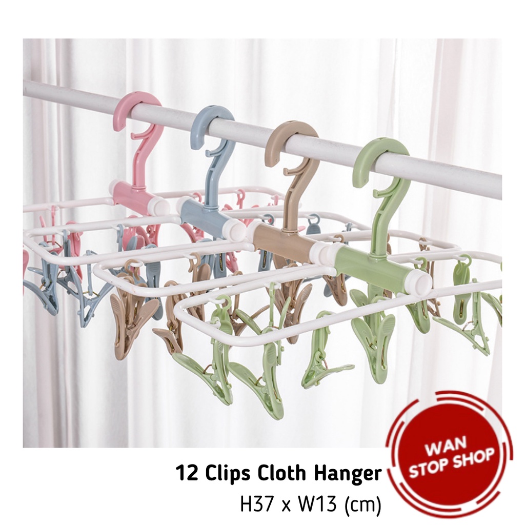 12 Clips Cloth Hanger Windproof Drying Hanger Pengepit Baju Clothespin ...