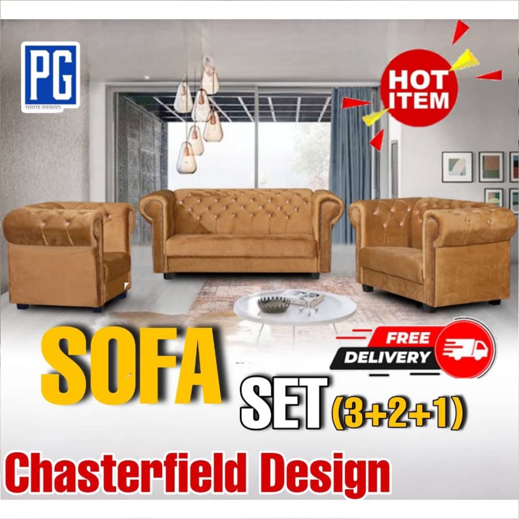 PG HOME:-SOFA SET (1+2+3) SEATER (CHASTERFIELD) VELVET FABRIC | Shopee ...